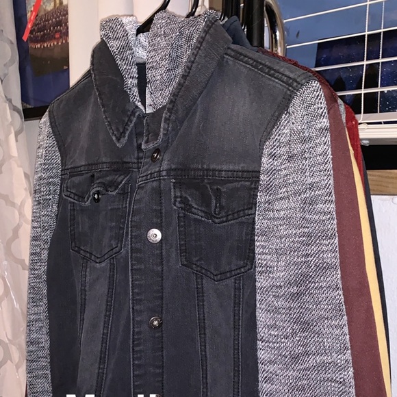 SO | Jackets & Coats | Black Denim Jean Jacket With Cloth Sleeves ...